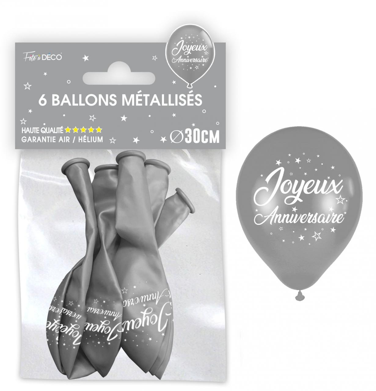 6 Ballons Joyeux anniversaire argenté - 100%FETE Le Shop