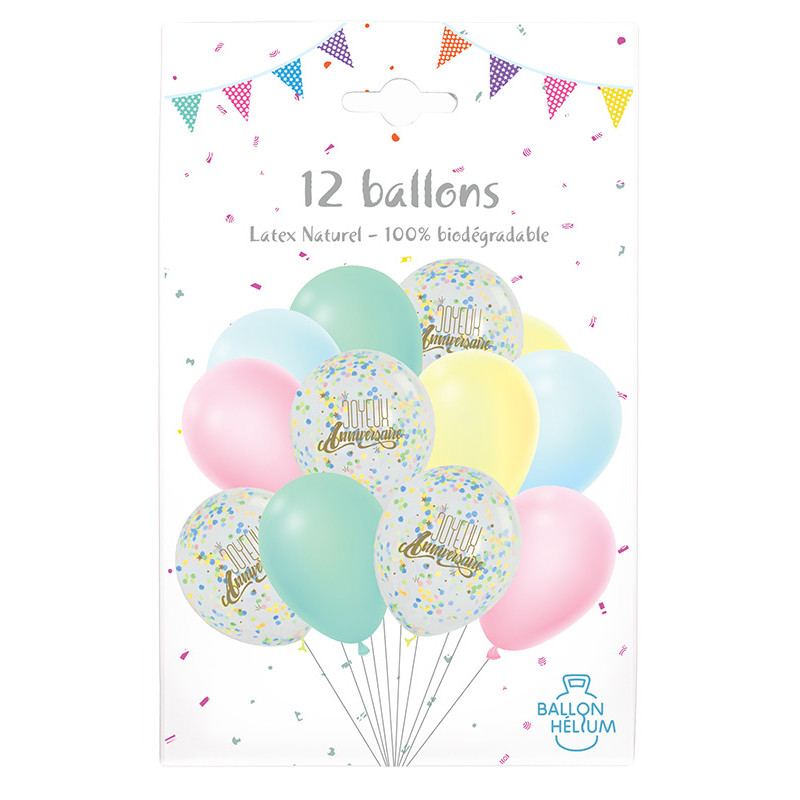 12 Ballons Anniversaire Multi couleurs Pastel - 100%FETE Le Shop