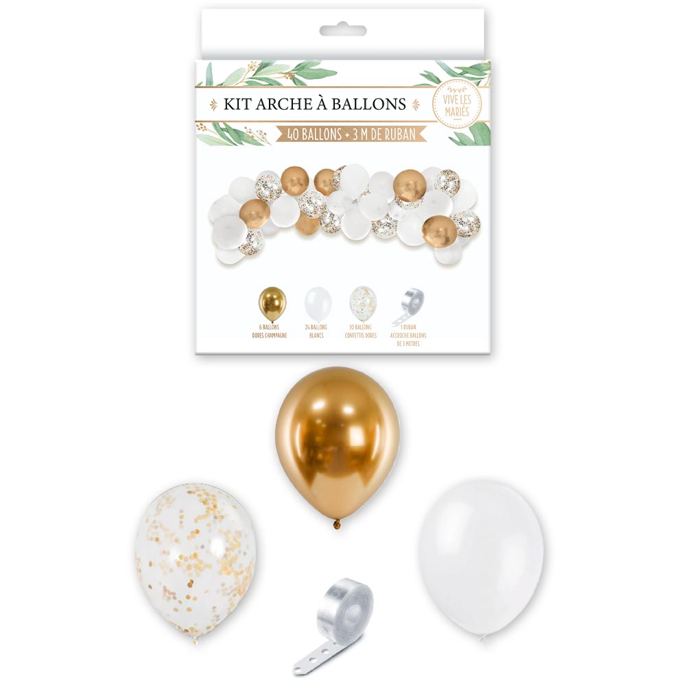 Kit Arche à Ballons Blanc/Doré - 100%FETE Le Shop